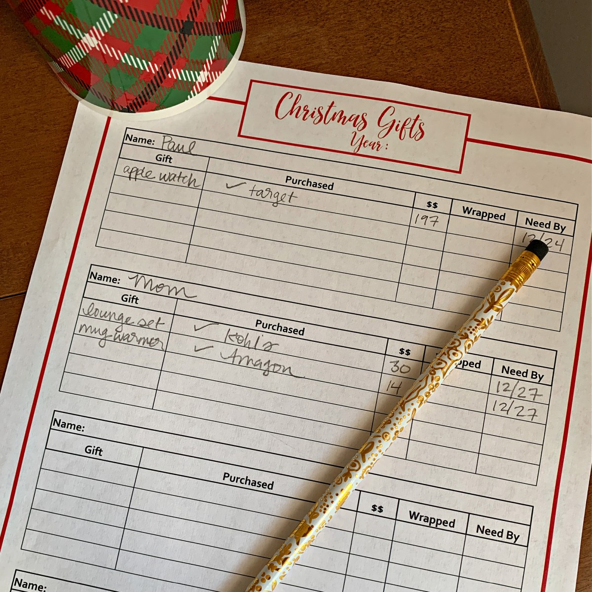 Christmas Gift Organization Sheet – Come Home For Comfort